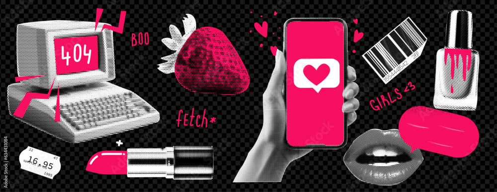 Elements for collage in halftone processing. Girly vibe of the 2000s ...