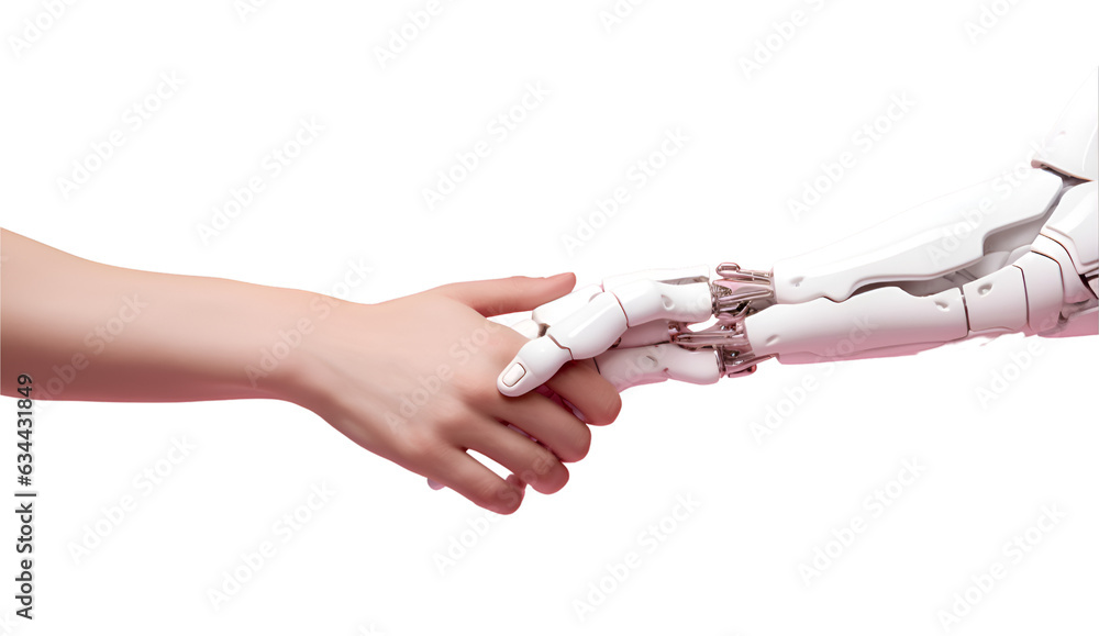 white robotic hand reaching out to touch a human hand on isolated ...