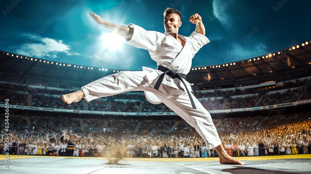 Karateka in dynamic motion executes a high kick, surrounded by an ...