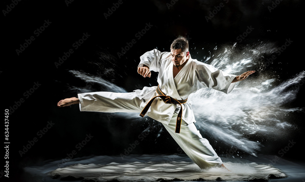 Karate master demonstrating a complex kata with fluid movements ...