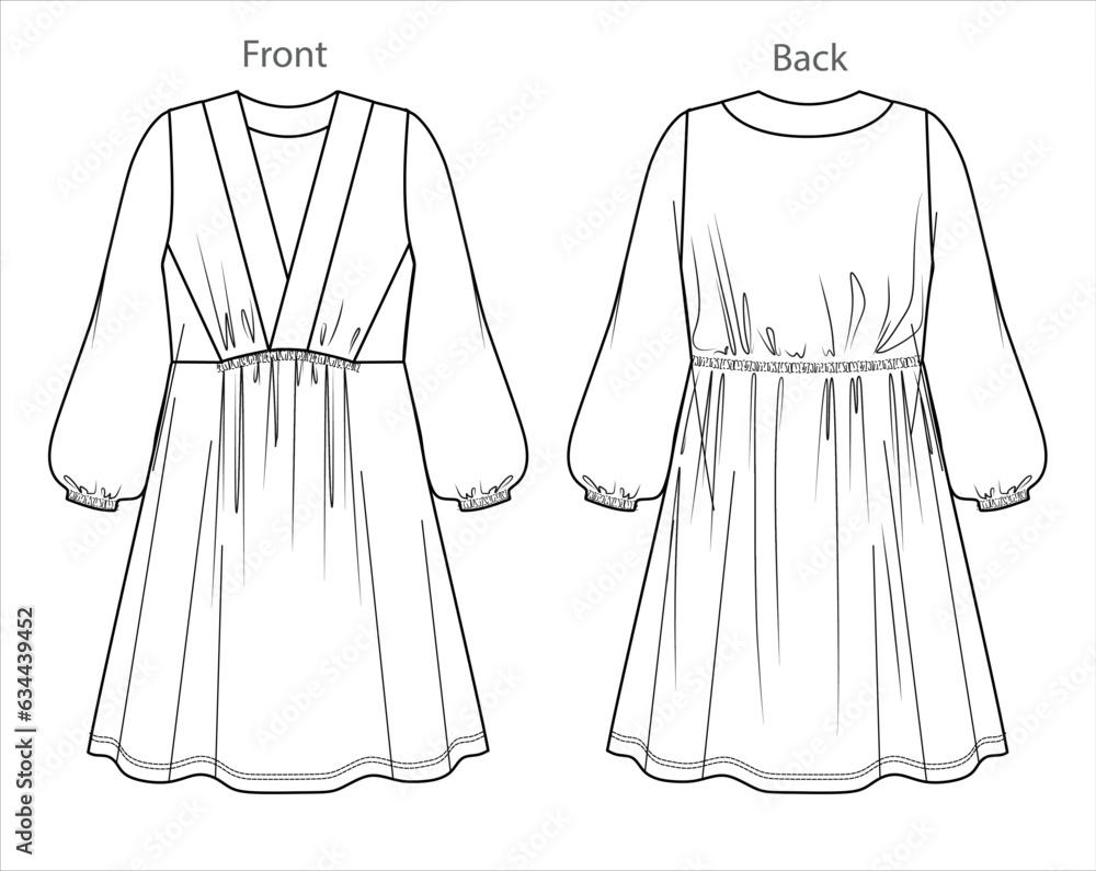 Vector long sleeved dress technical drawing, woman mini dress with ...