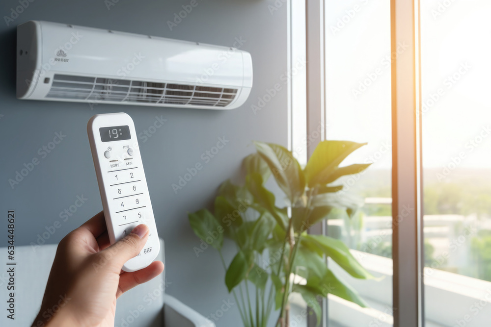 Living room interior with air conditioner. Adjusting comfort ...