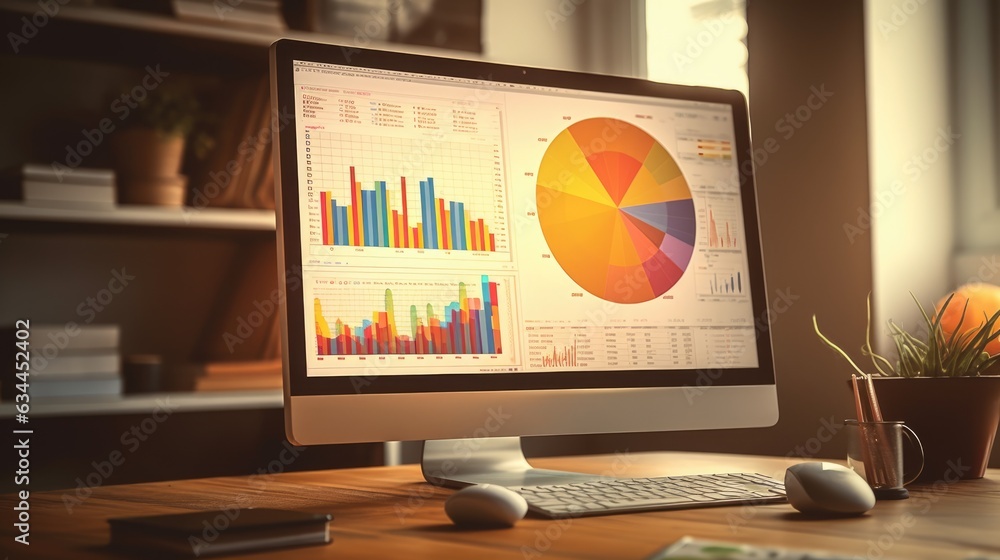 The side view of a computer screen displaying multiple financial ...