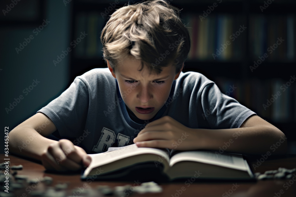 Concentrated child doing his homework at home. The boy struggles to ...