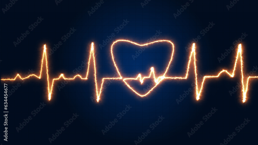 Glowing fire yellow neon heartbeat with love shaped isolated on blue ...