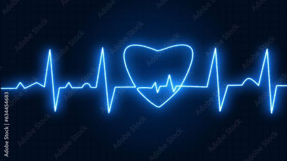 Glowing blue neon heartbeat with love shaped isolated on blue grid ...