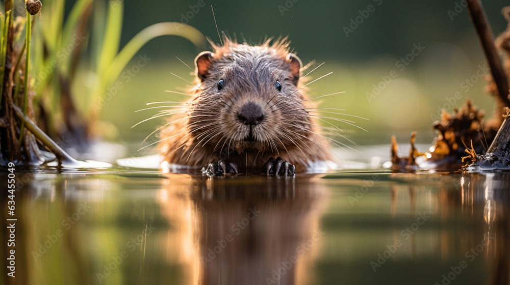 An inquisitive young beaver emerges from the water and takes a seat on ...