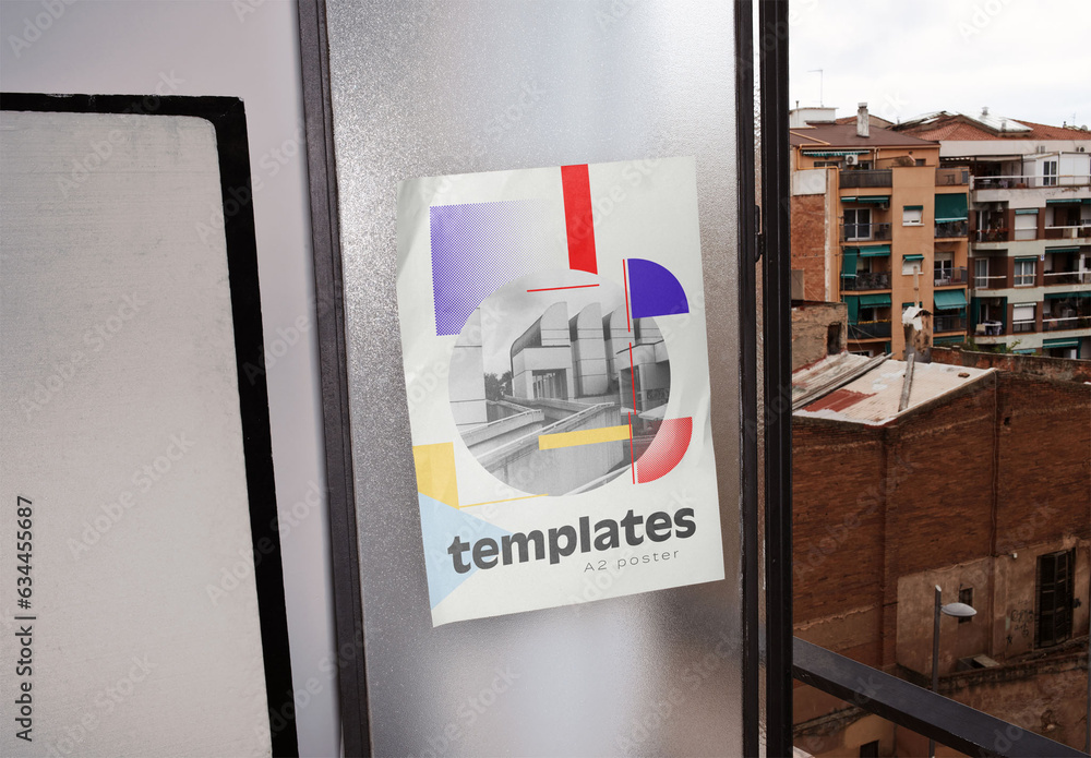 Mockup of customizable vertical A2 poster on open window Stock Template ...