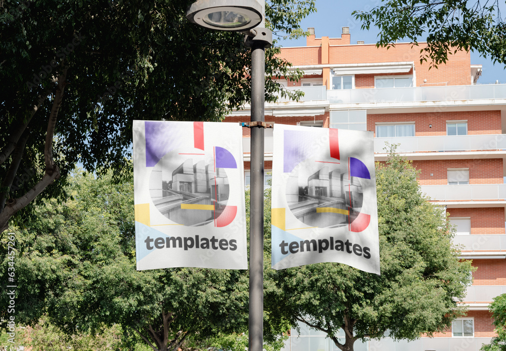 Mockup of customizable promotional signs on lamp post Stock Template ...