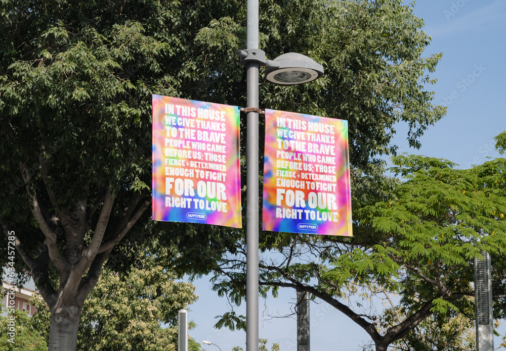 Mockup of customizable lamp post banners Stock Template | Adobe Stock