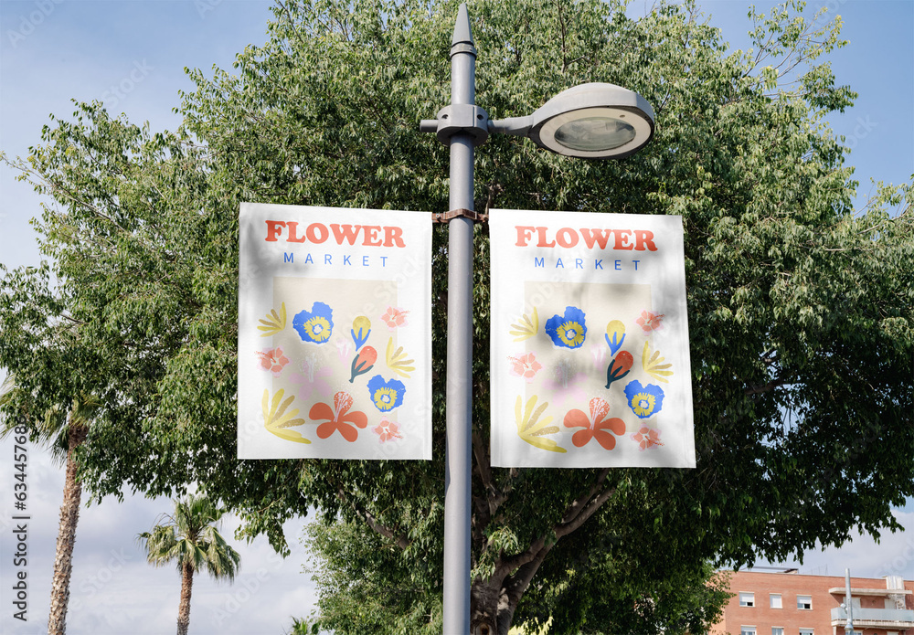 Mockup of customizable signs on lamp post Stock Template | Adobe Stock