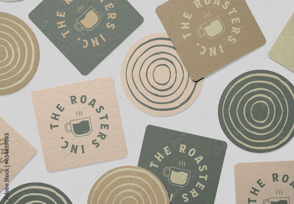 Mockup of customizable round and square cardboard coasters with ...