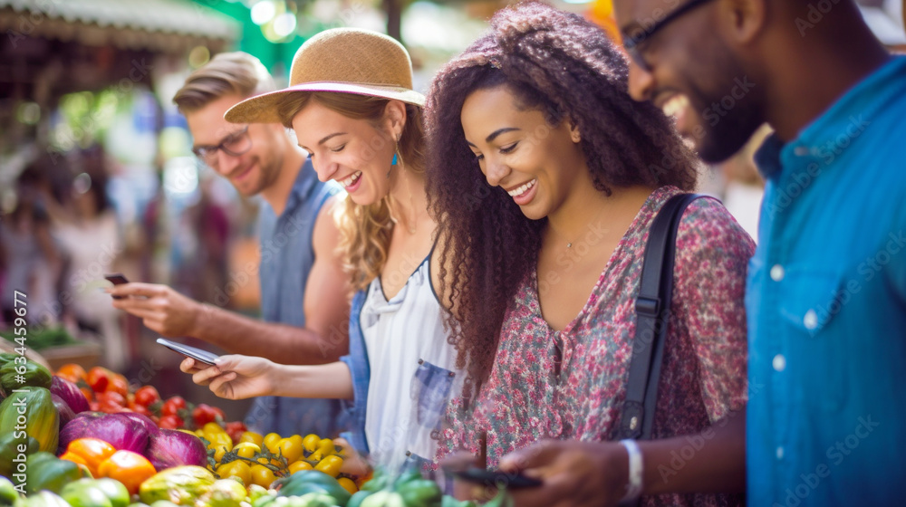 Group of friends sampling fresh produce from a market stand. Bustling ...