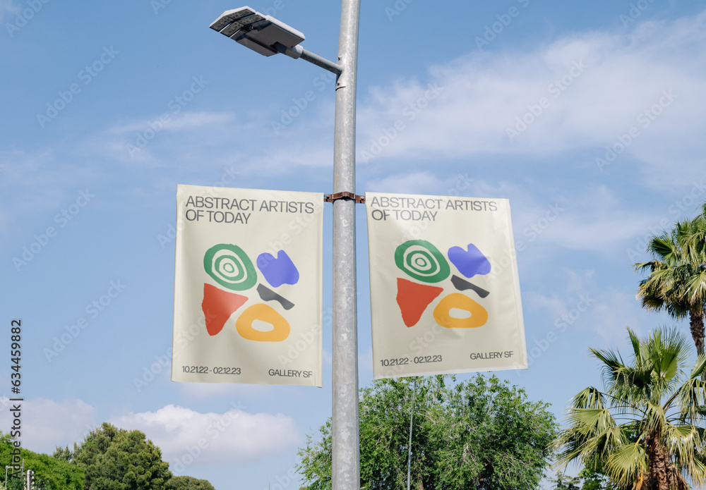 Mockup of customizable banners on lamp post Stock Template | Adobe Stock