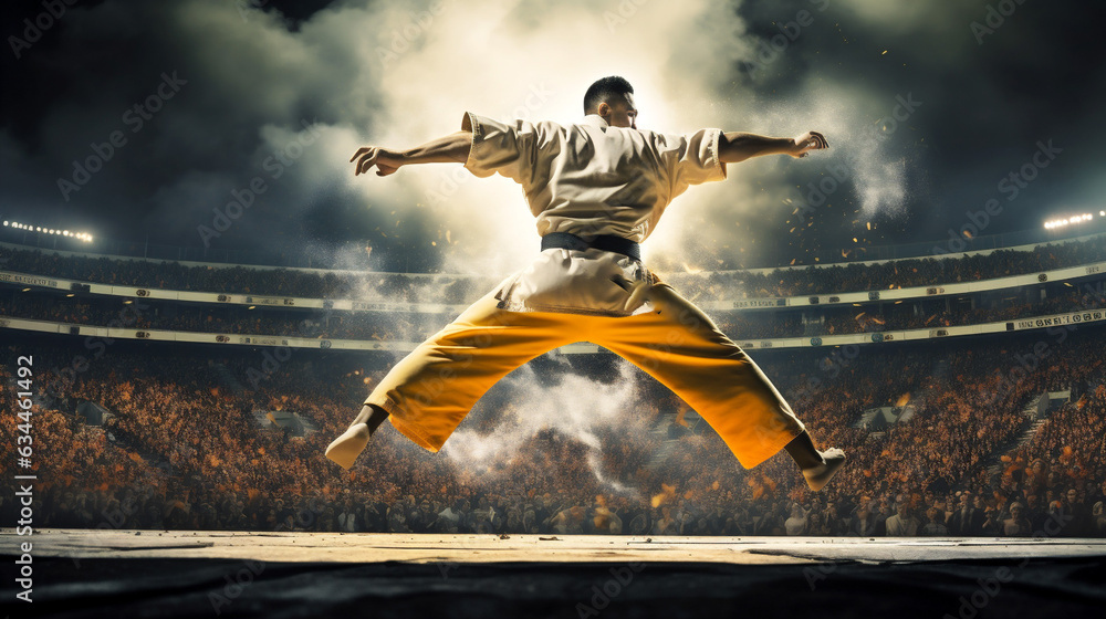 Karateka in dynamic motion executes a high kick, surrounded by an ...