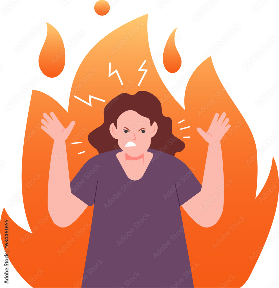 Rage girl. Furious crazy woman in fire outburst, angry scream ...