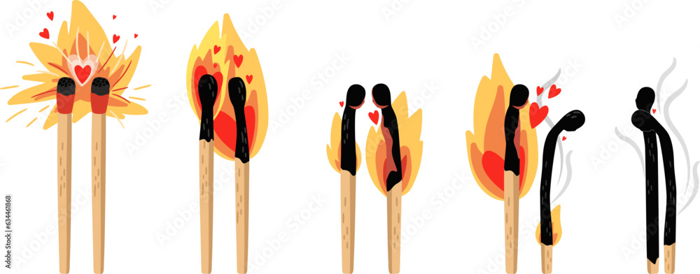 Set of burning match. Sequence steps of combustion. Wood matchstick ...