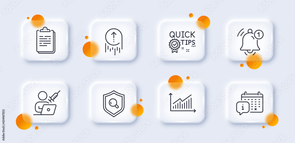 Graph, Inspect and Vaccination appointment line icons pack. 3d glass buttons with blurred ...