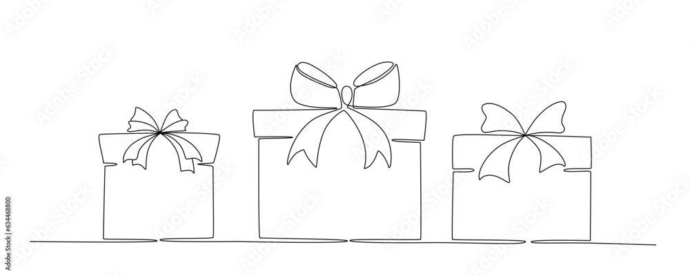 Gift boxes with bows hand drawing single line. Vector stock ...