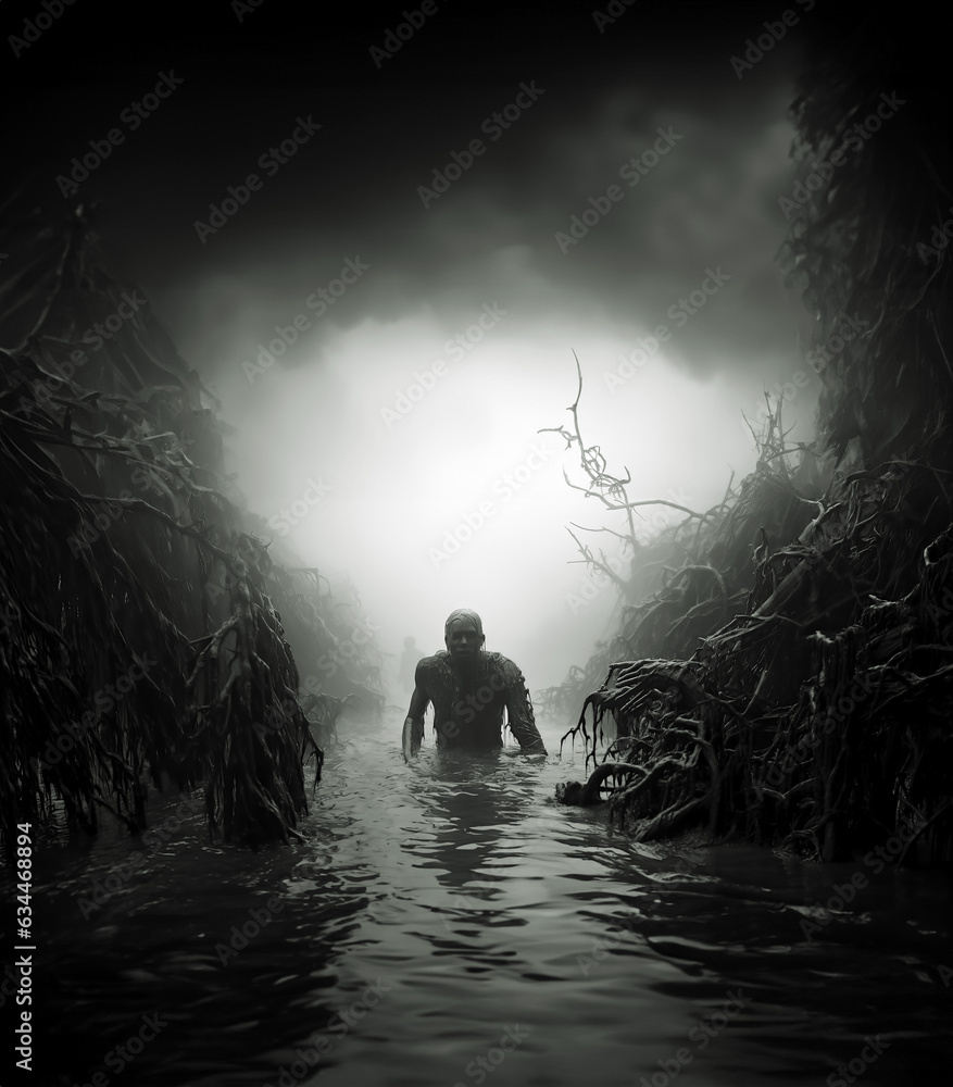 Creepy man walking in a mysterious swamp, dark misty horror atmosphere ...
