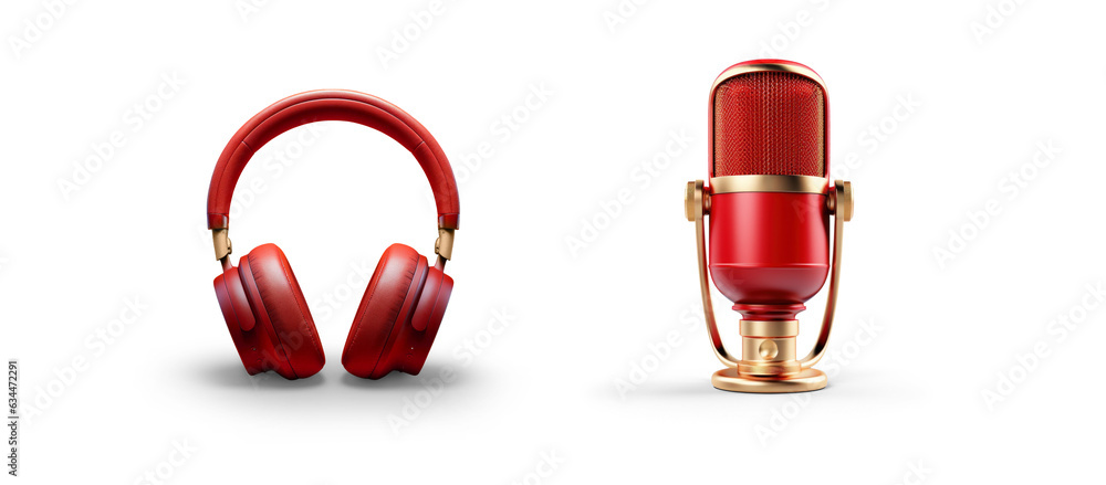 set of broadcast professional microphone and red headphones, generic ...