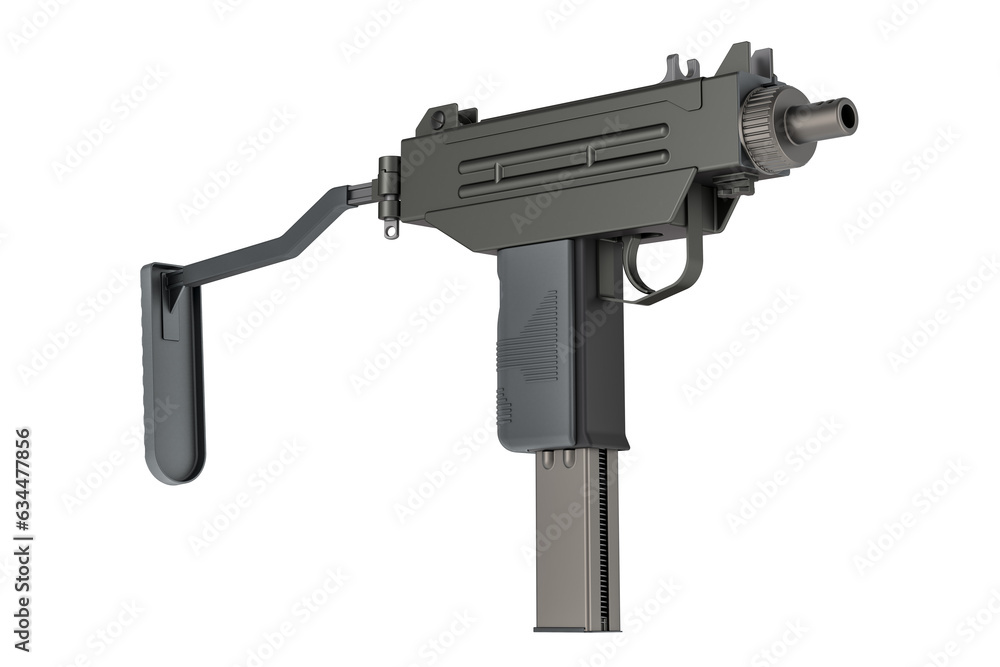 Submachine gun, closeup. 3D rendering isolated on transparent ...