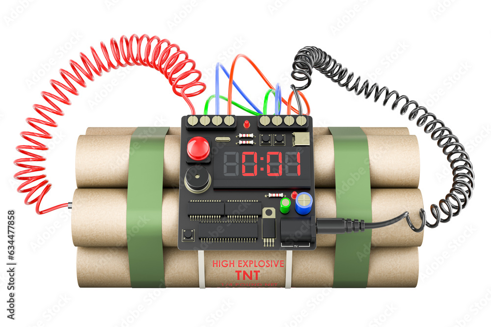TNT bomb explosive with digital countdown timer. 3D rendering isolated ...
