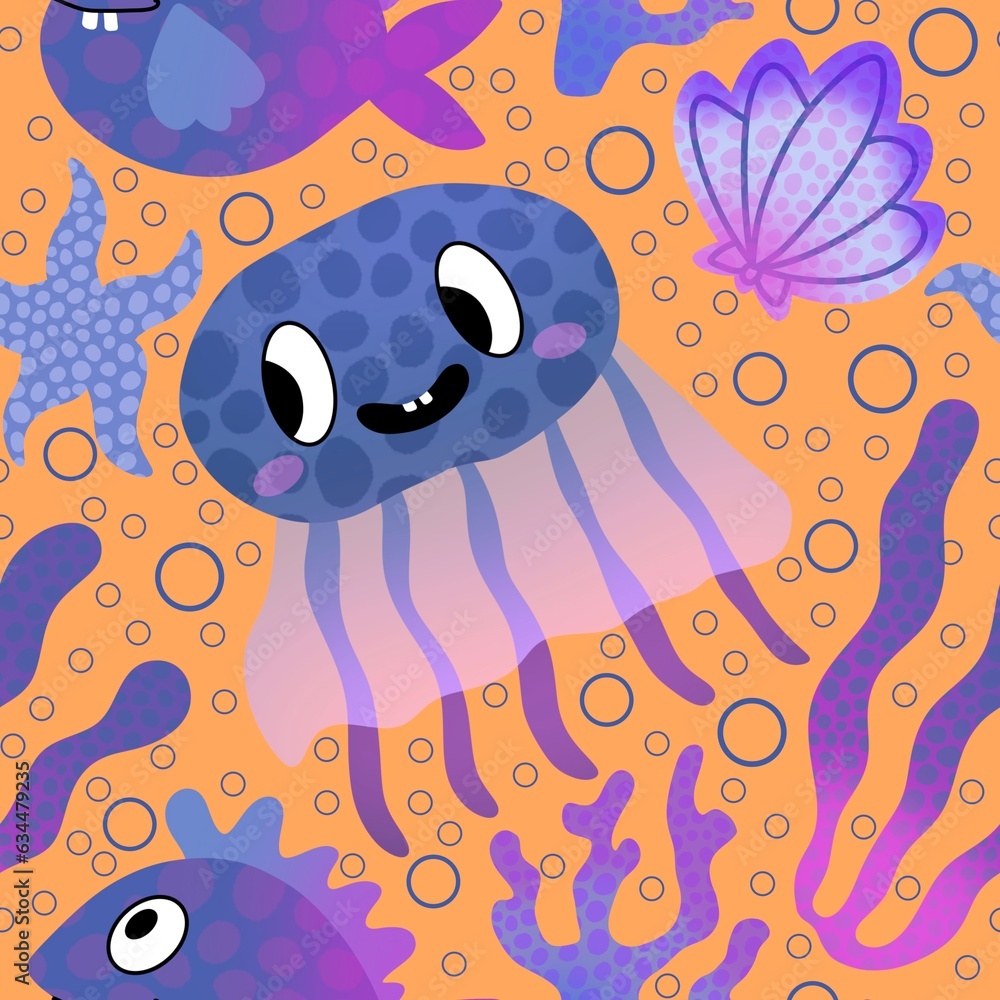 Cartoon fish seamless jellyfish and shall and coral pattern for fabrics ...
