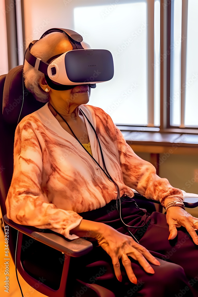 elderly dark-skinned lady in a wheelchair in virtual reality, a woman of 70 years with special ...
