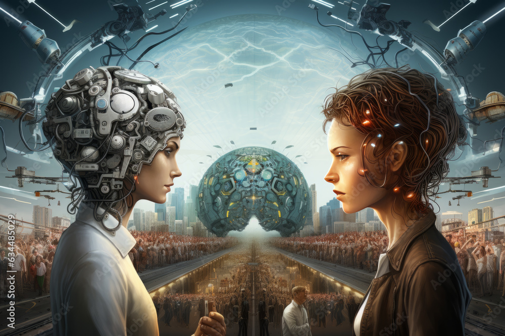 Surreal portrait of a real person and cyborg looking at each other ...