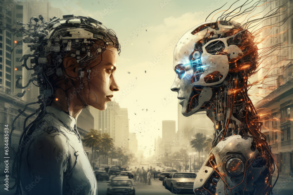Surreal portrait of a real person and cyborg looking at each other ...