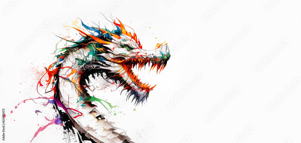 Drawn dragon head on white paper on the left, profile, multi-colored ...