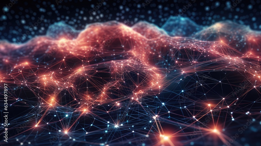 A sprawling, interconnected web of glowing nodes, with data flowing ...