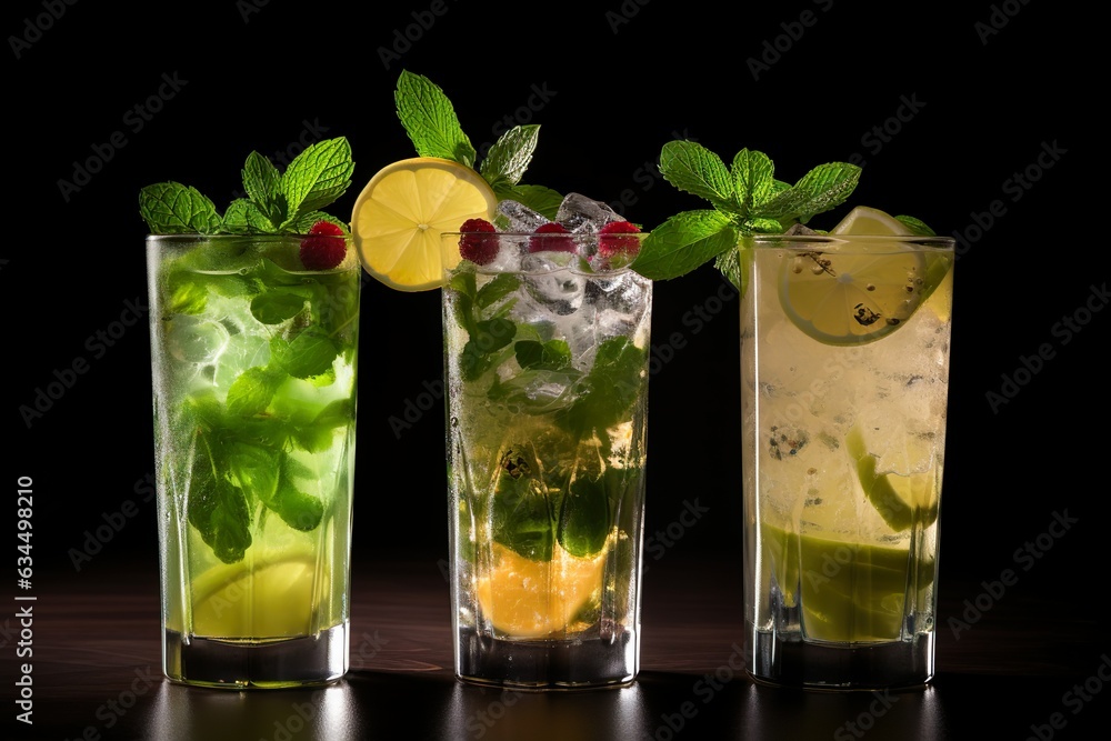 Different types of mojito cocktail on dark brown background ...