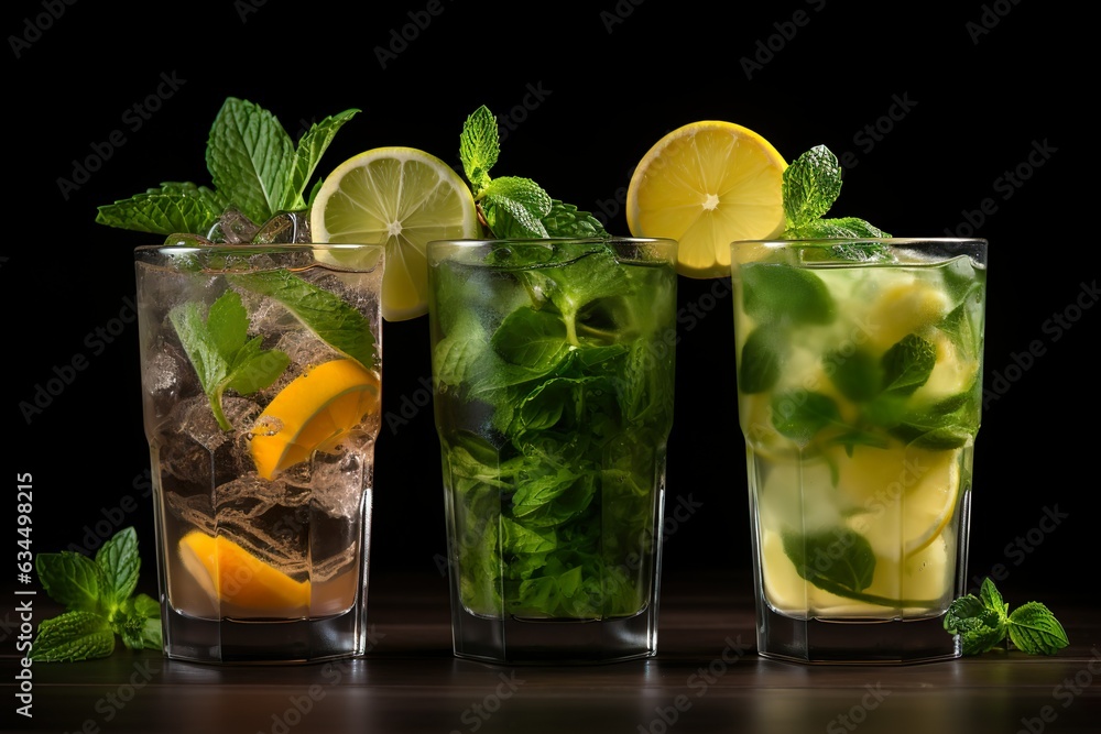 Different types of mojito cocktail on dark brown background ...