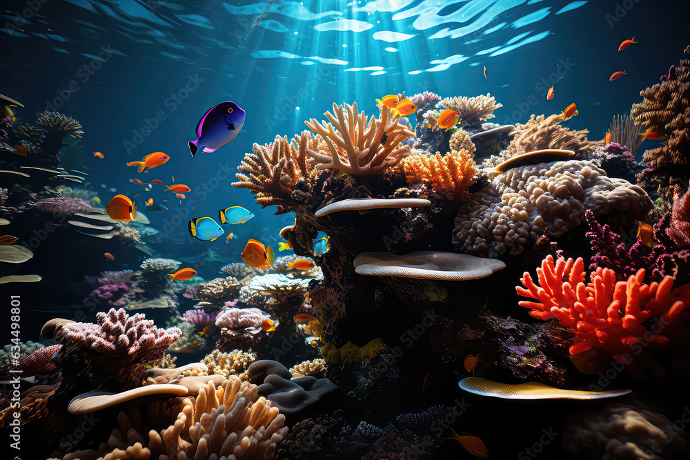 An underwater ecosystem teeming with vibrant marine life, emphasizing ...