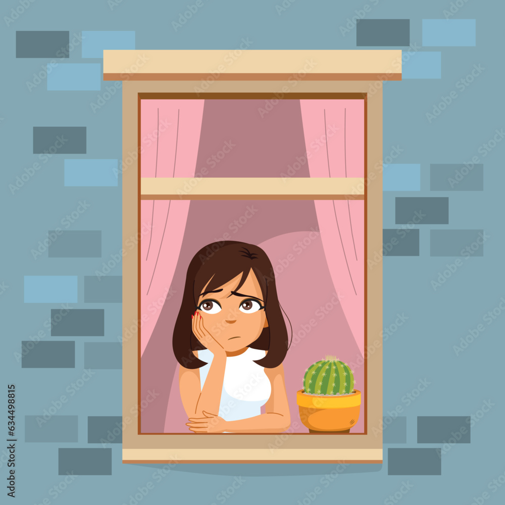 Vector illustration of girl looking out window. Sad woman dealing with ...