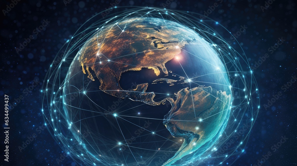 A globe wrapped in a web of interconnected lines, depicting the global ...