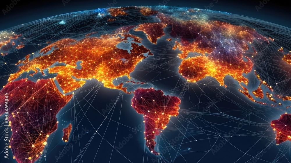 A global map with nodes representing business hubs and lines showing ...