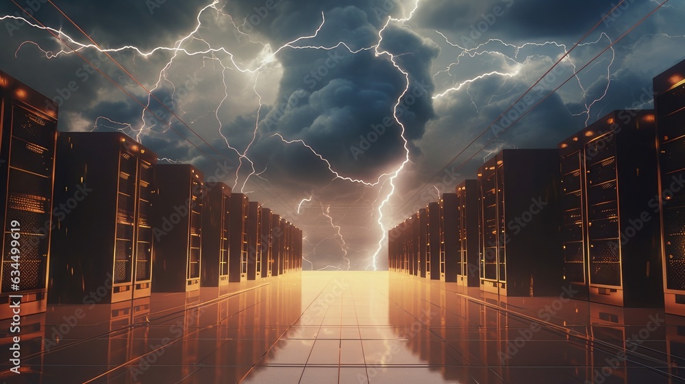 A cloud-filled sky with virtual servers and data centers interconnected ...