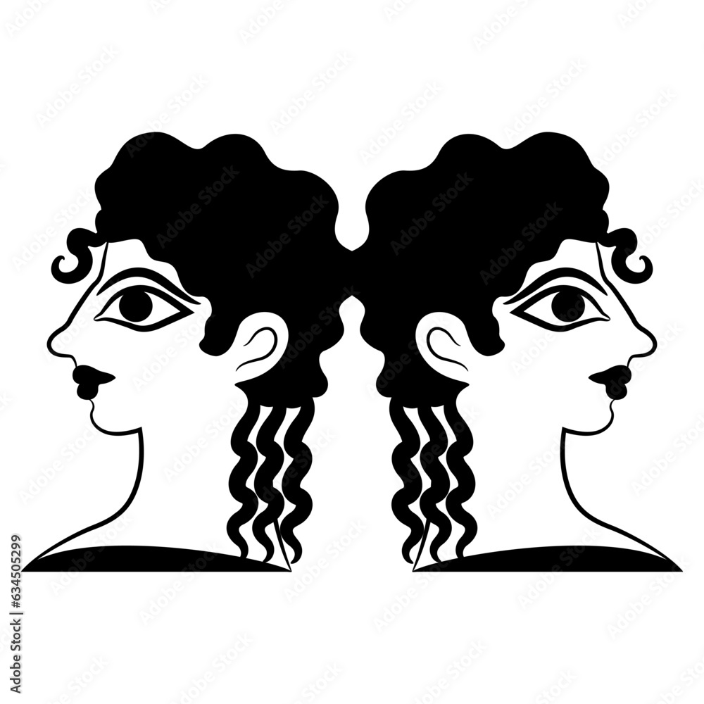 Symmetrical ethnic design with two heads of Cretan Minoan girls. Female ...