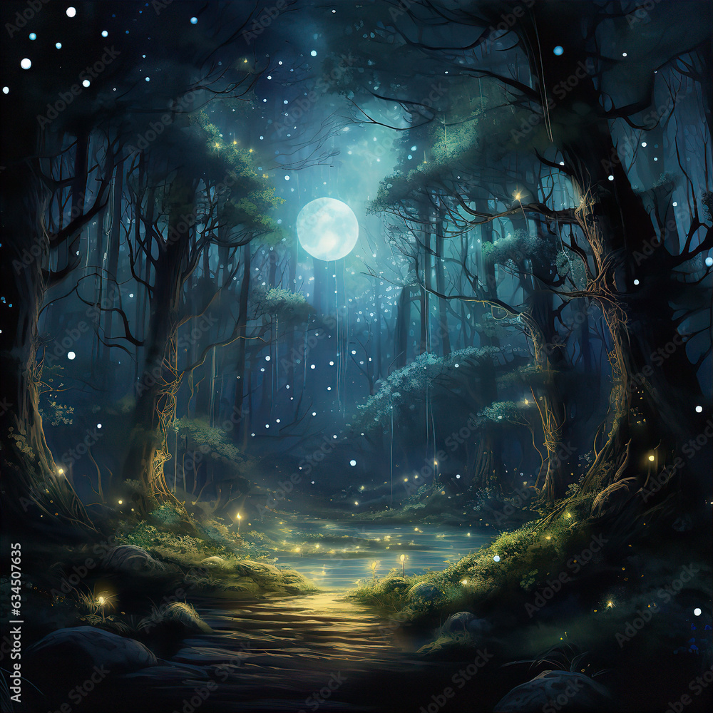A digital illustration showcasing a mystical forest bathed in moonlight ...