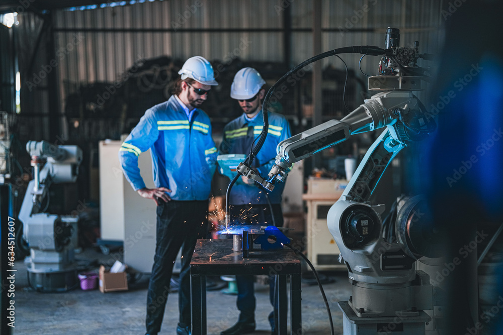 factory engineers using smart control to control the arm robot machine ...
