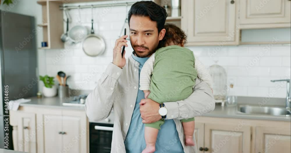 Phone call, father and baby at home with conversation in kitchen with ...