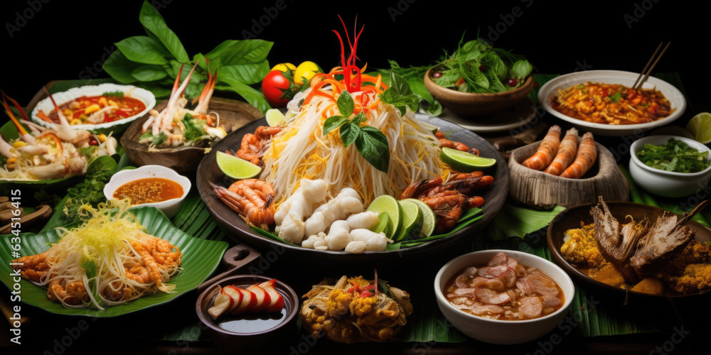 Thai food background. Dishes of thai cuisine. Tom yum, tom kha gai, pad ...
