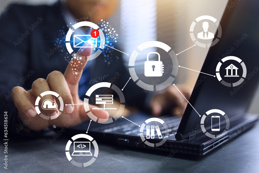 Business man hand using Laptop pc and touch with email icon, data news ...