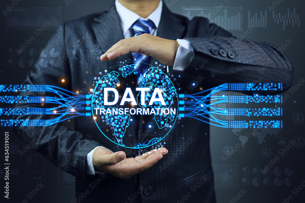 Foto de Data transformation concept. Businessman holding digitalization ...