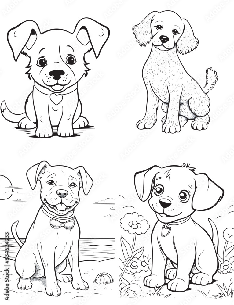 Dog Character Vector, Coloring Book Page with dogs, Coloring page ...