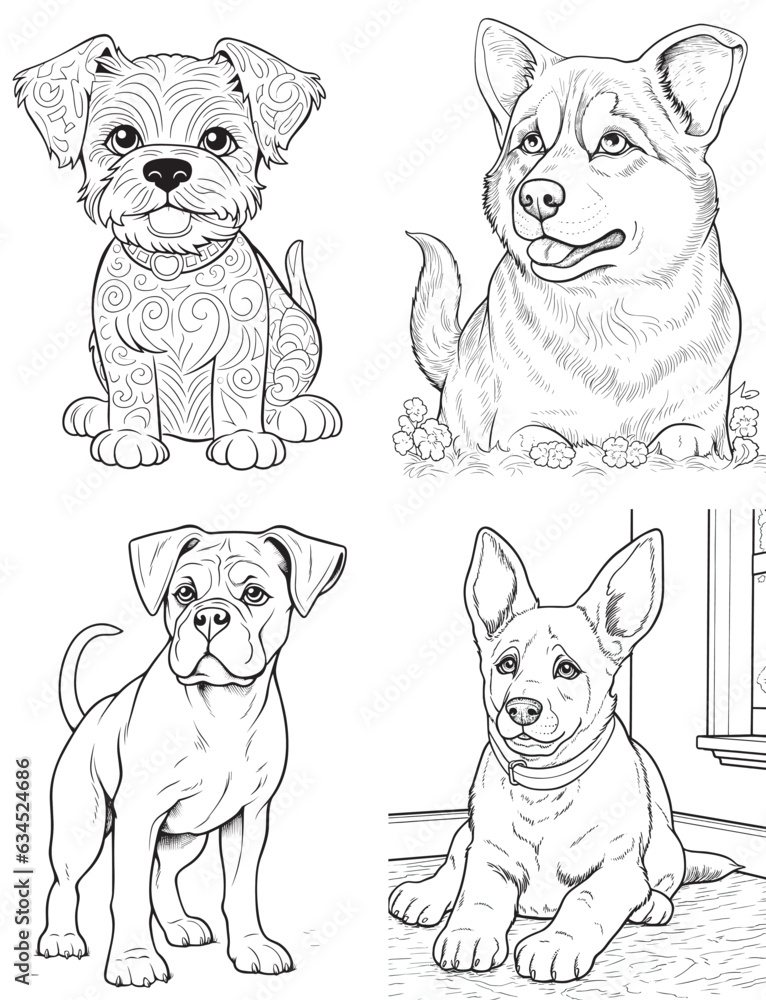 Dog Character Vector, Coloring Book Page with dogs, Coloring page ...