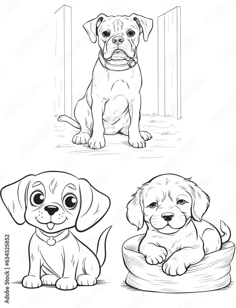 Dog Character Vector, Coloring Book Page with dogs, Coloring page ...